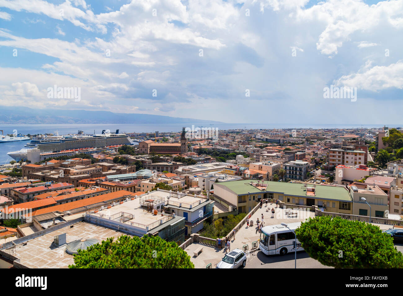 A hilltop wide angle view of the city of Messina on the Mediterranean ...