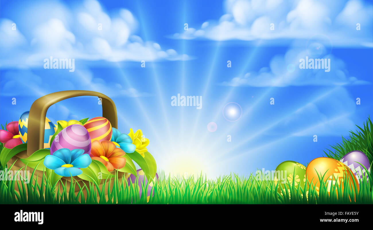 Easter scene. Basket full of decorated chocolate Easter eggs and ...