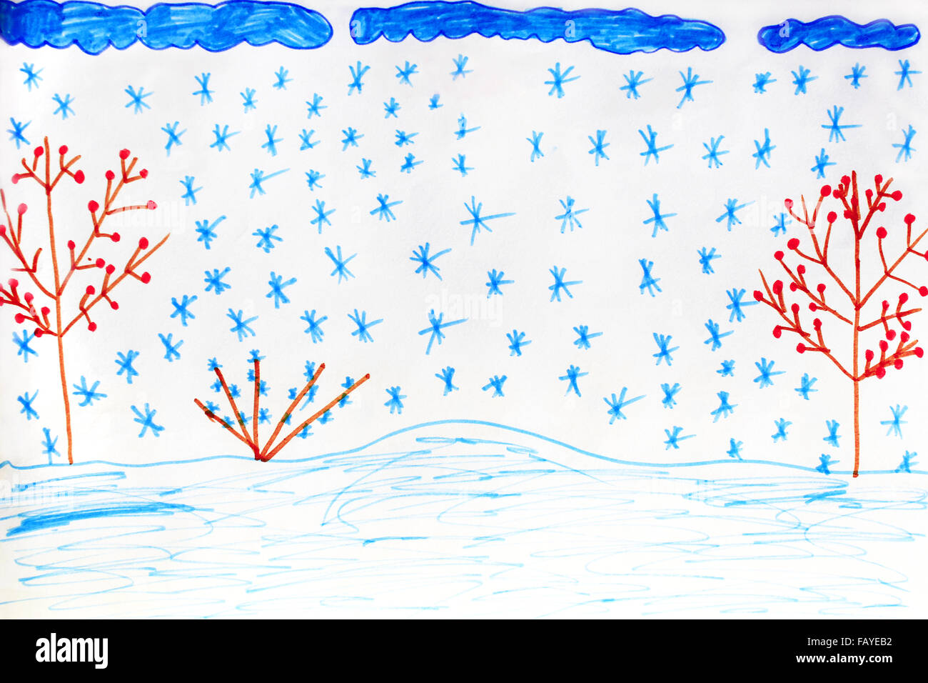 child's drawing of winter with snowflakes and trees with red berries ...