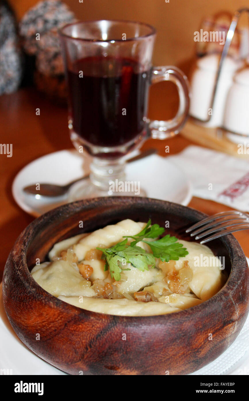 Varenyky with fried slices of bacon. Slavic dish is most widespread in ...