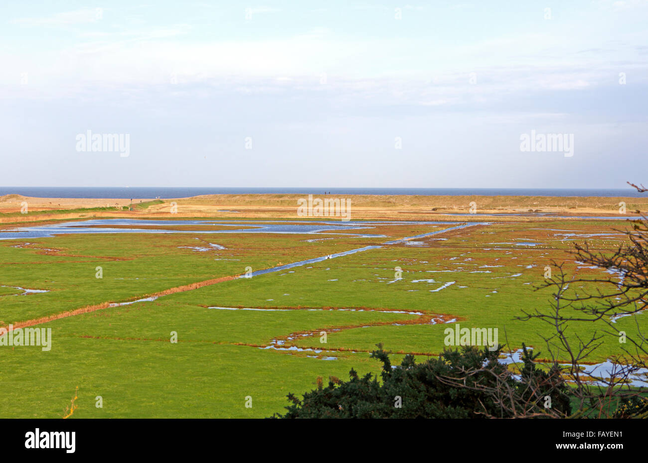 A view over the salt marshes to the shingle ridge on the North Norfolk ...