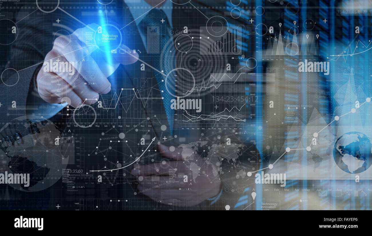 businessman hand working with modern technology and digital layer ...