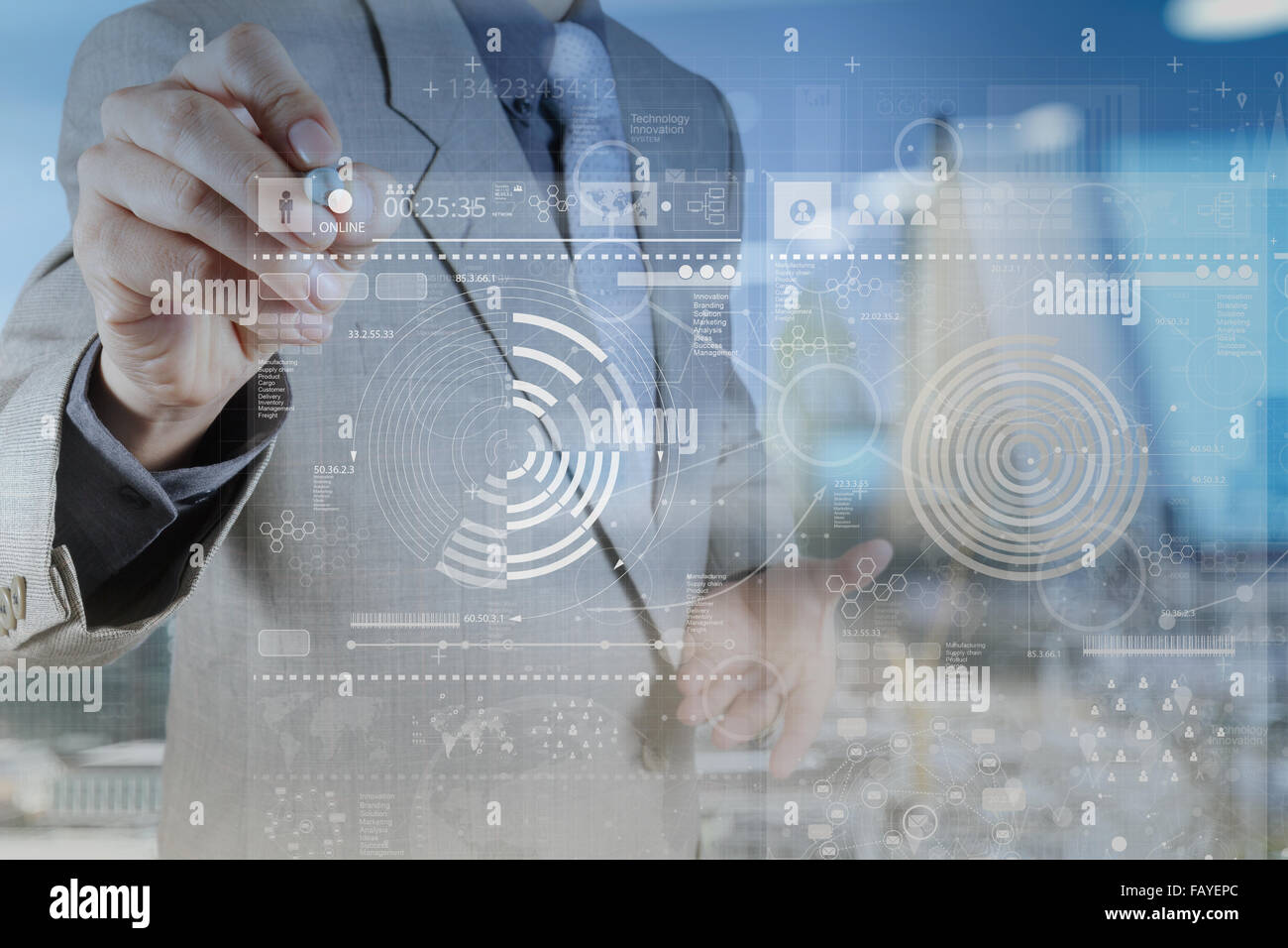 businessman hand working with modern technology and digital layer ...