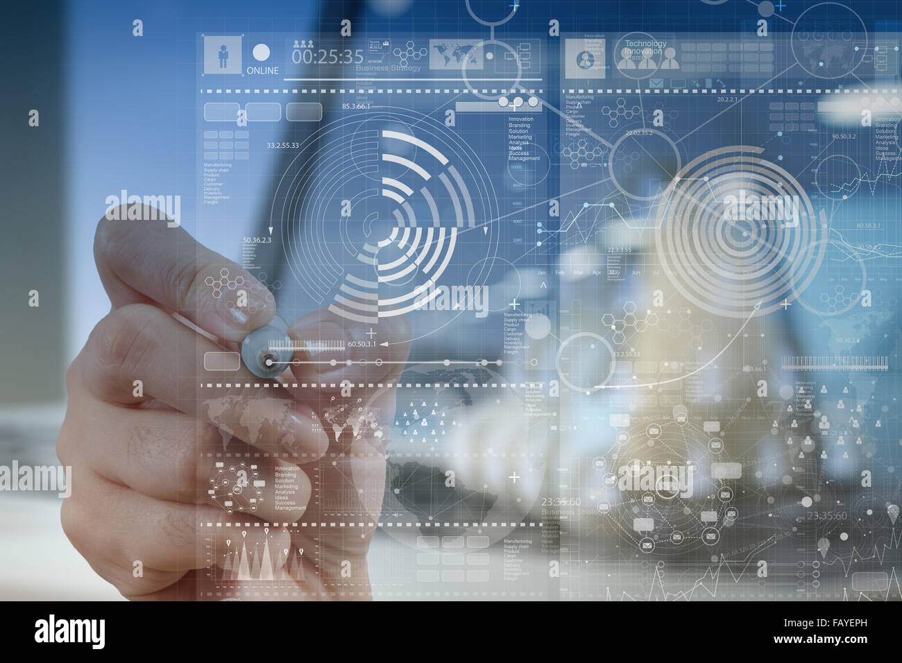 businessman hand working with modern technology and digital layer ...