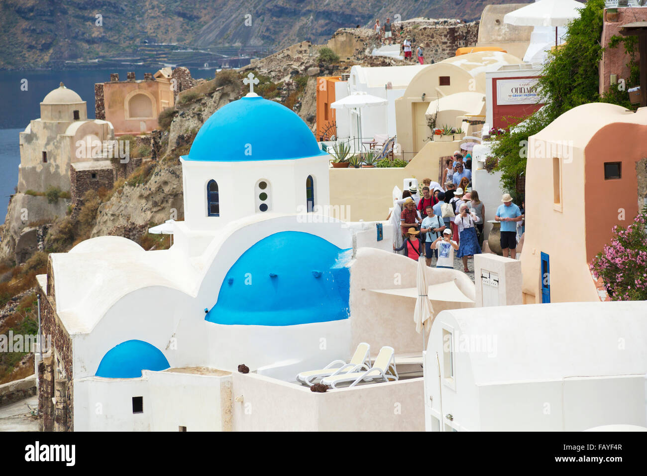 Greek orthodox church with blue dome in the village of Oia; Oia ...