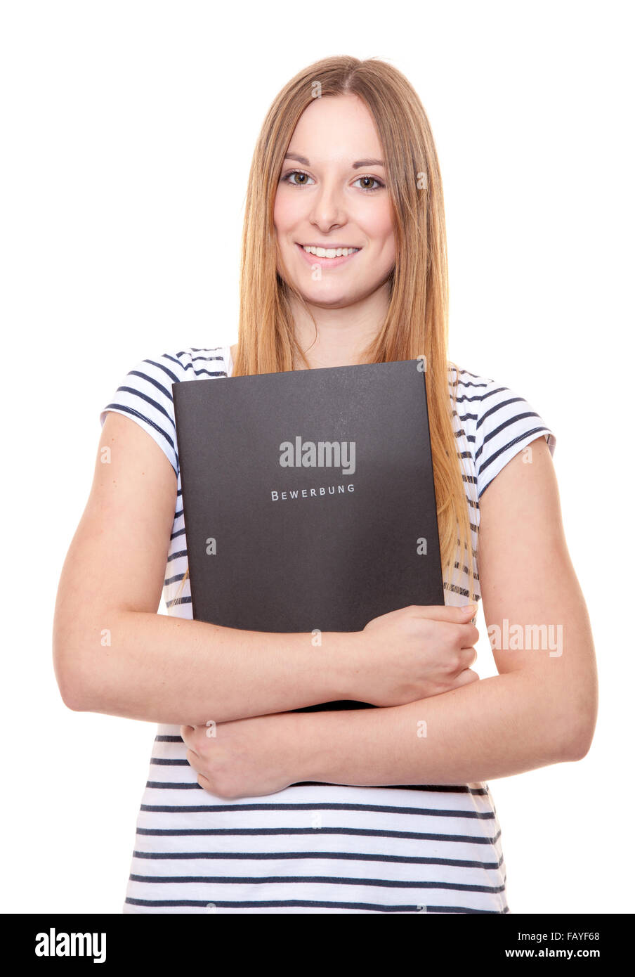 Attractive young woman holding application file. All on white ...