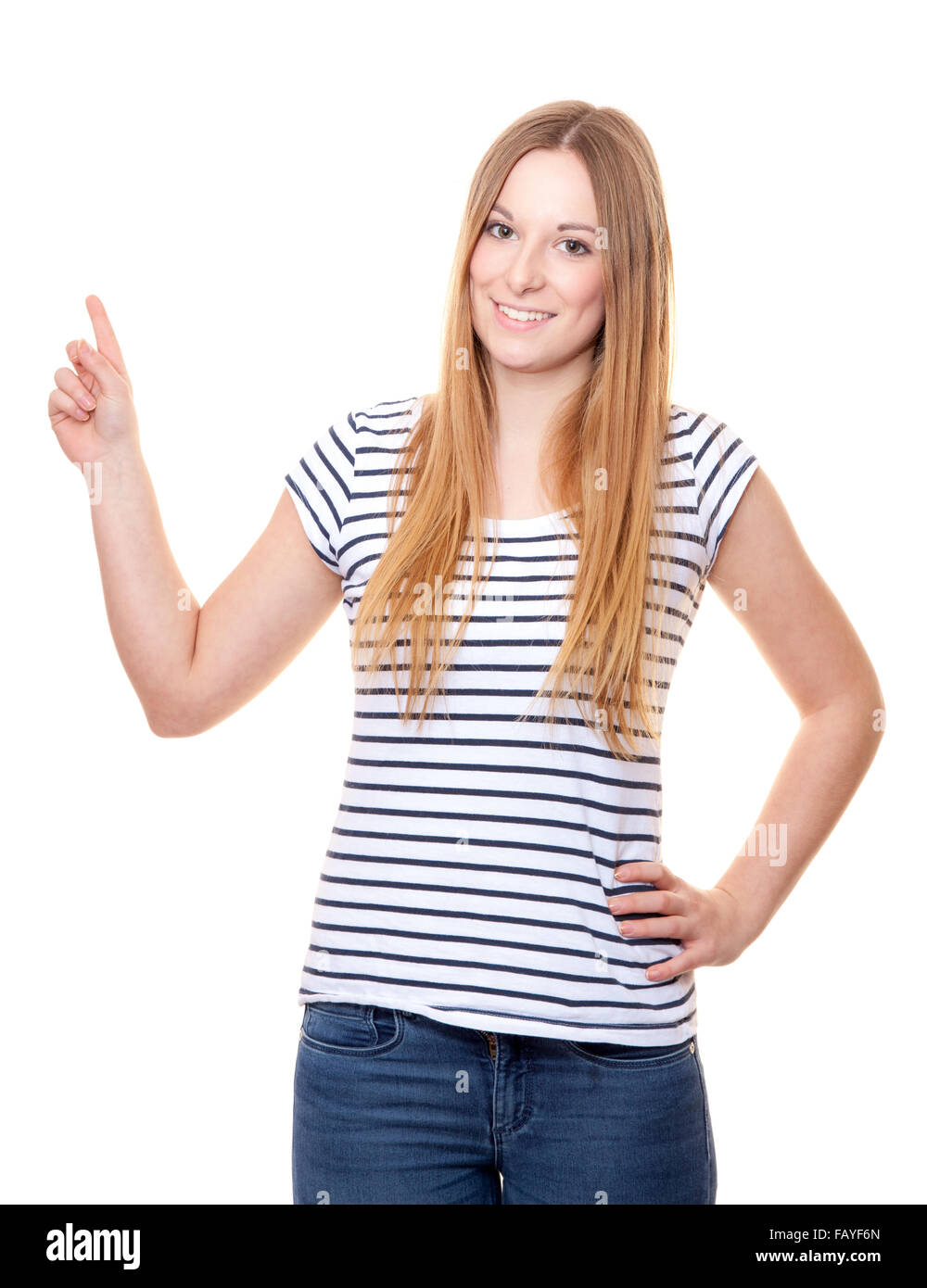 Attractive young woman pointing to the side. All on white background ...
