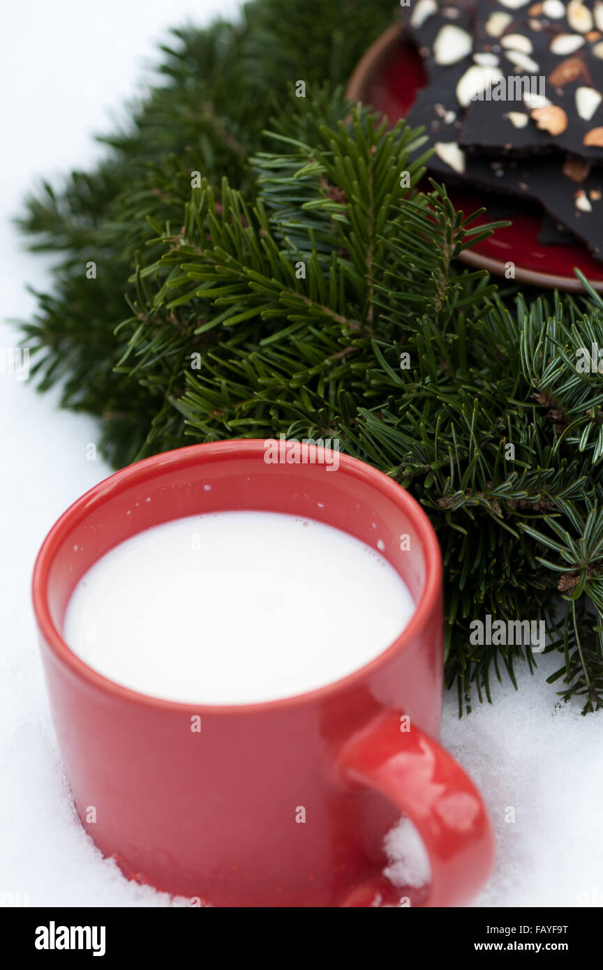 Warm milk in a cup in the snow Stock Photo - Alamy