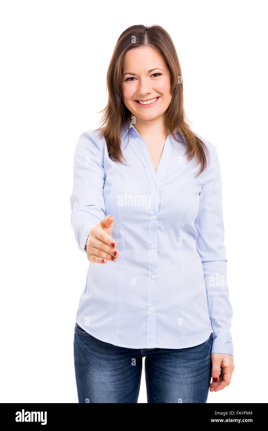 Beautiful and happy woman giving a hand shake isolated over white ...