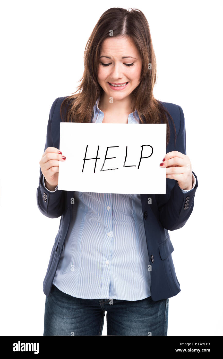 Business woman holding a paper with the word saying Help, isolated over ...