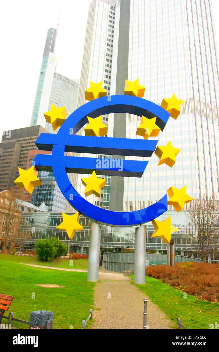Sculpture of Euro symbol in City Center. Frankfurt am Main. Germany ...