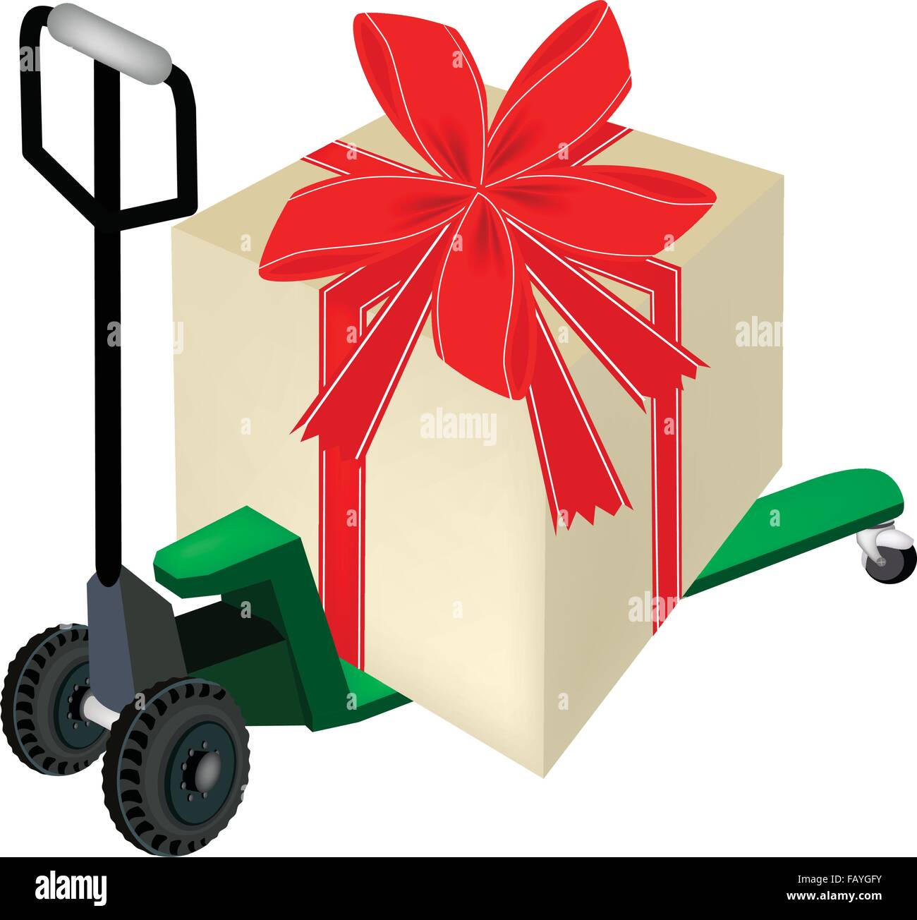 Green Fork Pallet Truck Loading A Lovely Gift Boxes with Red Ribbon and ...