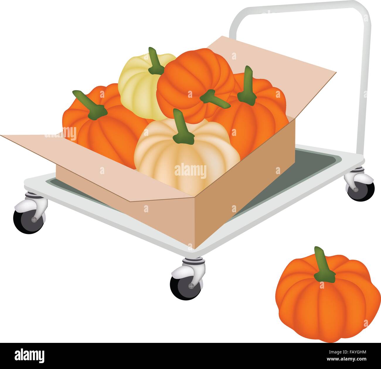 Hand Truck or Dolly Loading Cardboard Box Full with Fresh Pumpkins ...