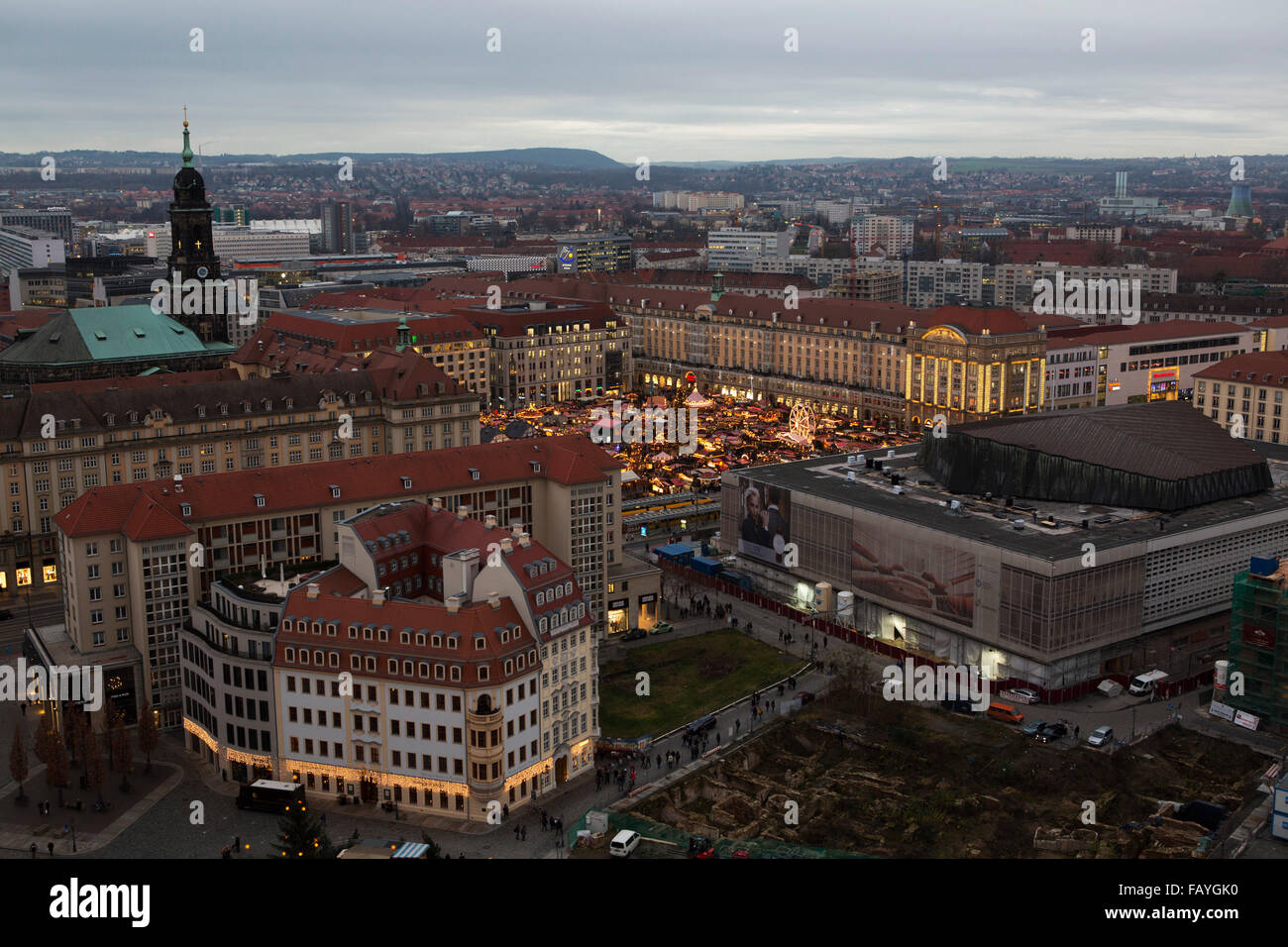 The city of Dresden, Germany. The stalls of the Striezelmarkt Christmas ...