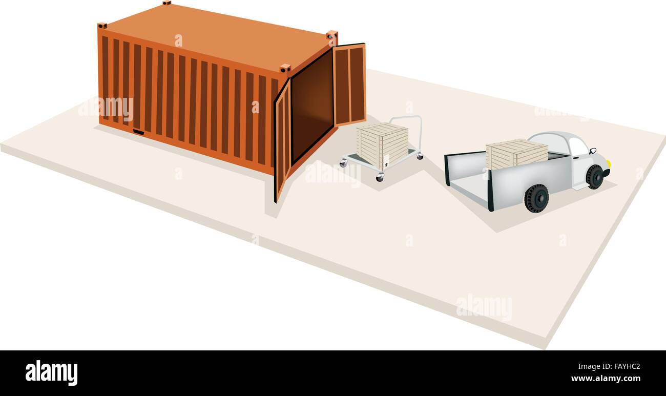 Hand Truck or Dolly Loading Wooden Crate or Cargo Box From A Pickup ...