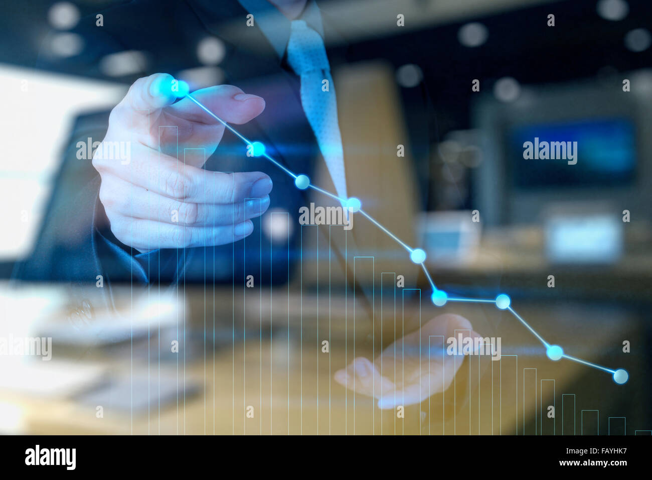 double exposure of businessman hand drawing virtual chart business on ...