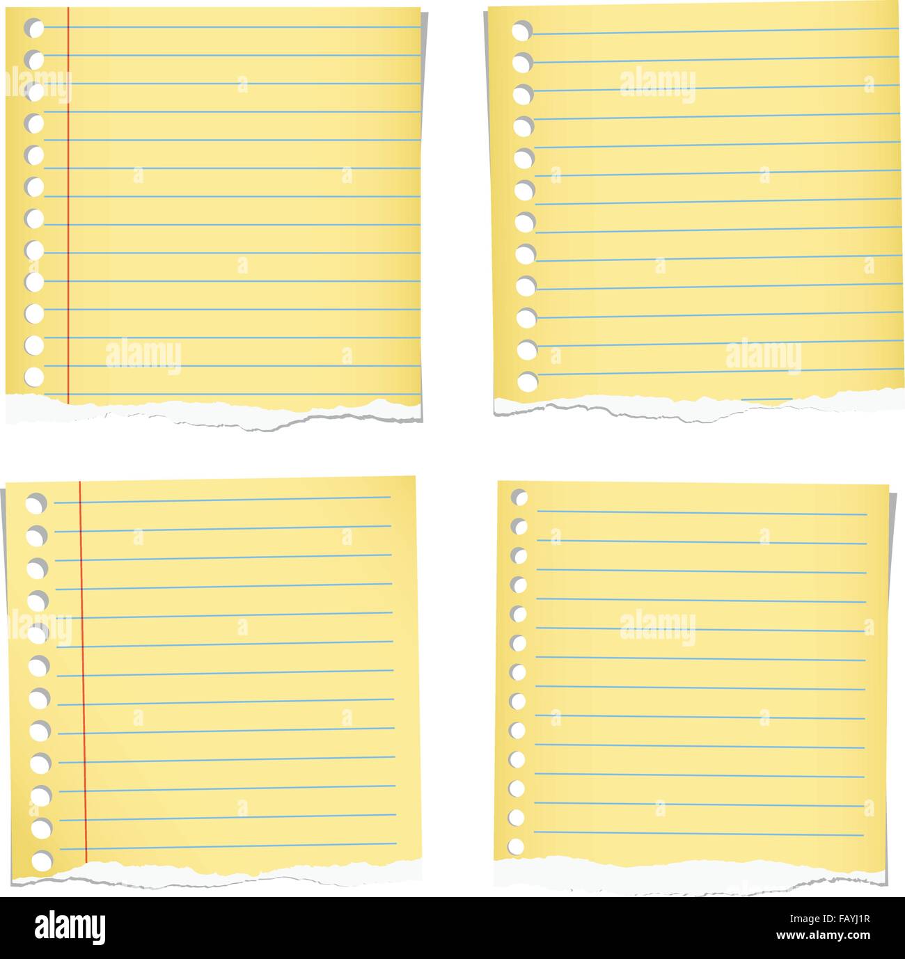 Set of yellow torn notebook papers with blue lines on white background ...