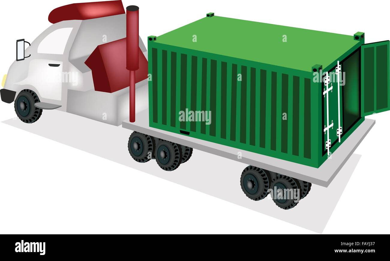 A Green Freight Container on The Back of A Flatbed Truck, Tractor ...
