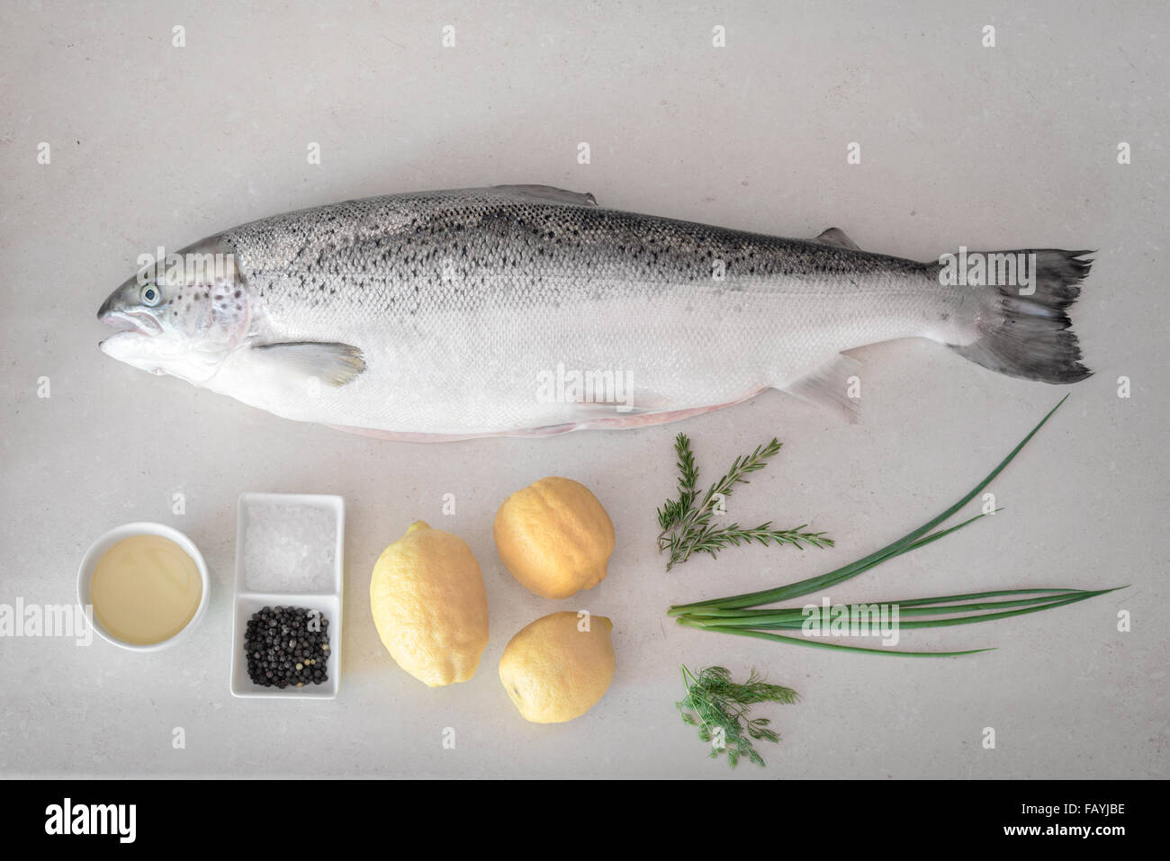 Raw salmon fish on the table ready to be cooked with lemon and spices ...