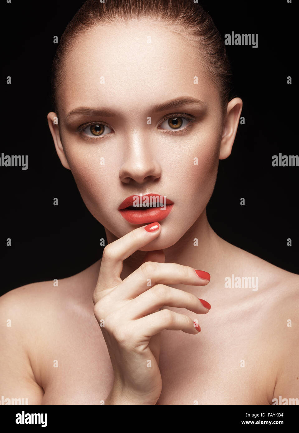 Close Up Portrait Of Beautiful Girl With Clear Healthy Skin Looking At