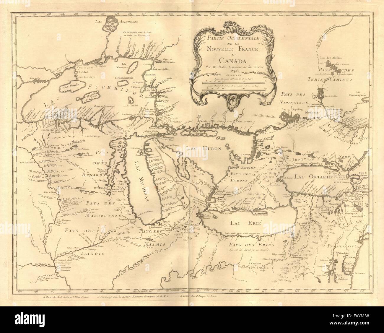 'Partie occidentale de la Nouvelle France ou Canada'.Great Lakes.BELLIN ...