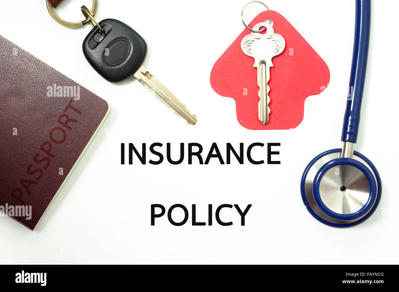 Insurance concept for many types of insurance with car key, house key ...