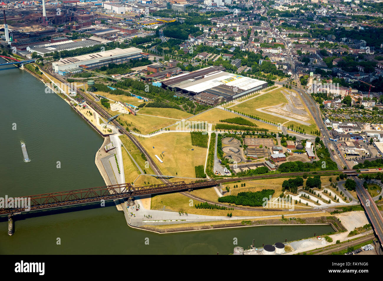 Aerial view, Rheinpark, Duisburg, Rhine view, the Rhine, structural ...