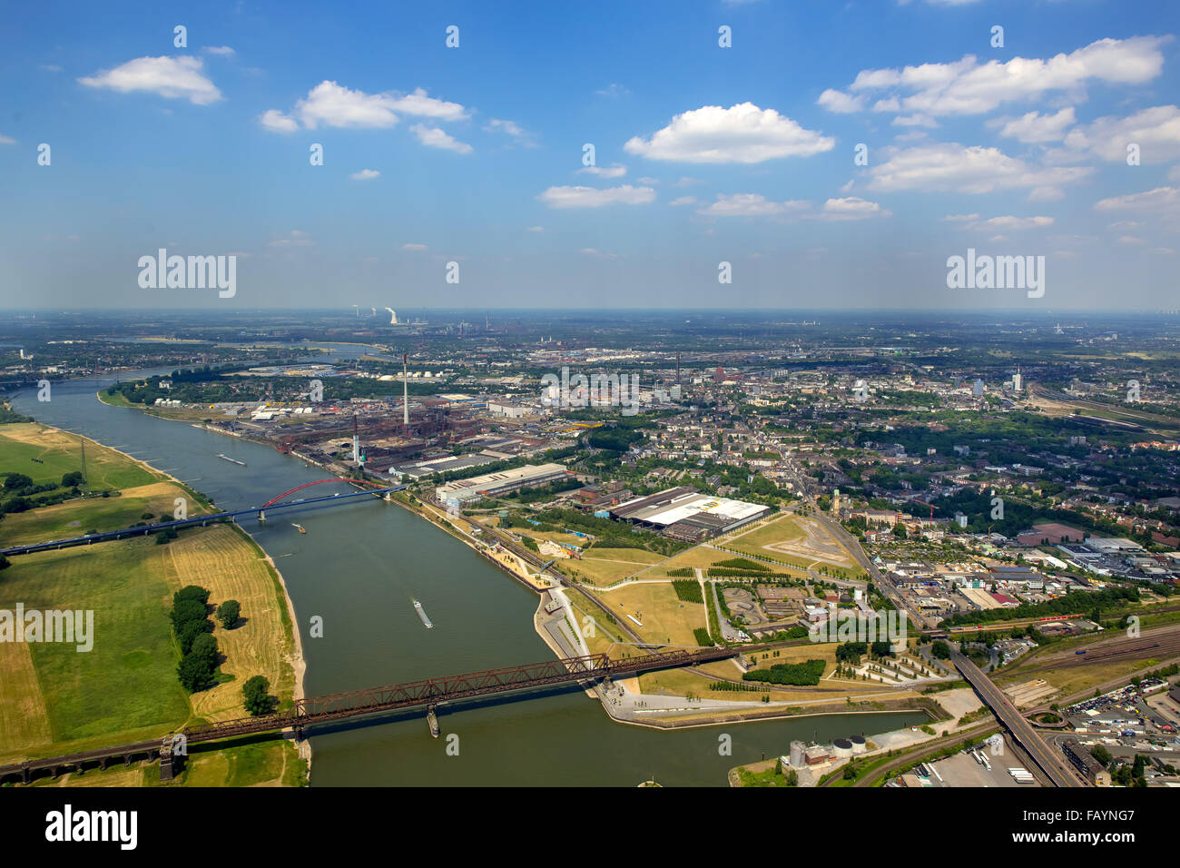 Aerial view, Rheinpark, Duisburg, Rhine view, the Rhine, structural ...