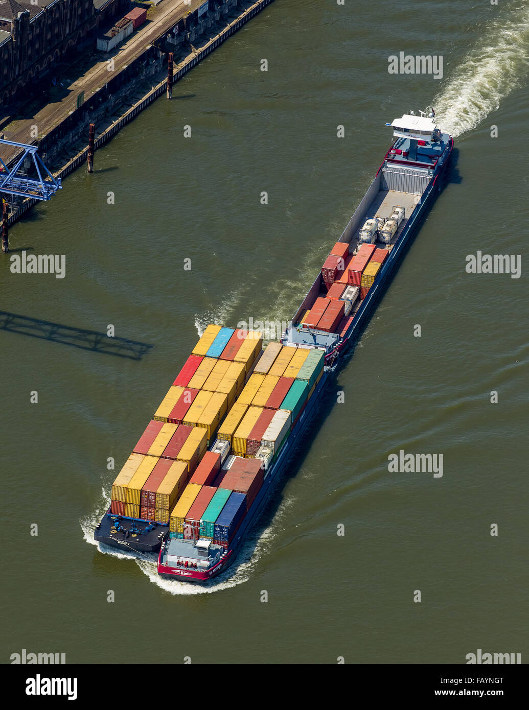 Aerial view, container ship docked slipcase upstream loaded on the ...