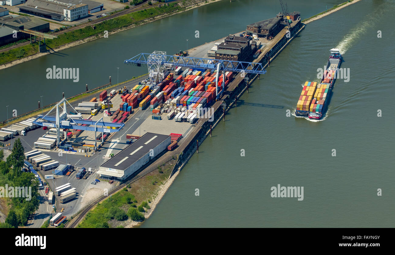 Aerial view, container ship docked slipcase upstream loaded on the ...