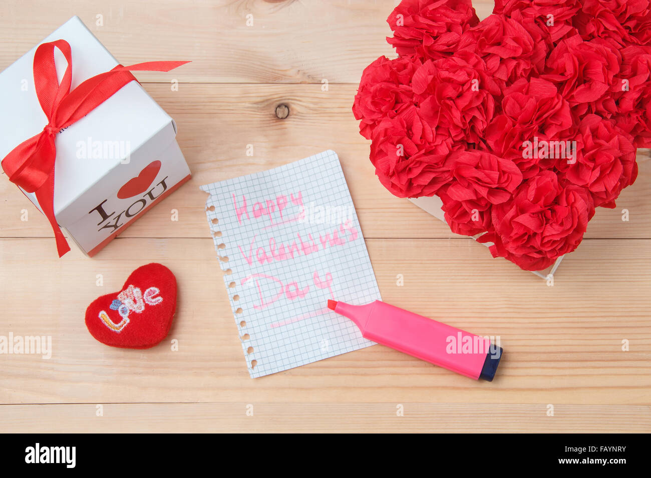 Handmaid flowers in box and gift with happy valentines day card on ...