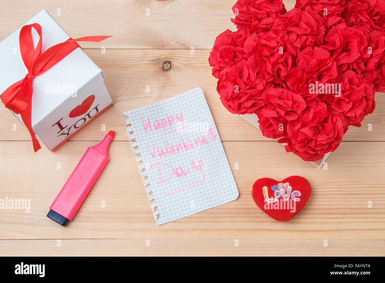 Handmaid flowers in box and gift with happy valentines day card on ...