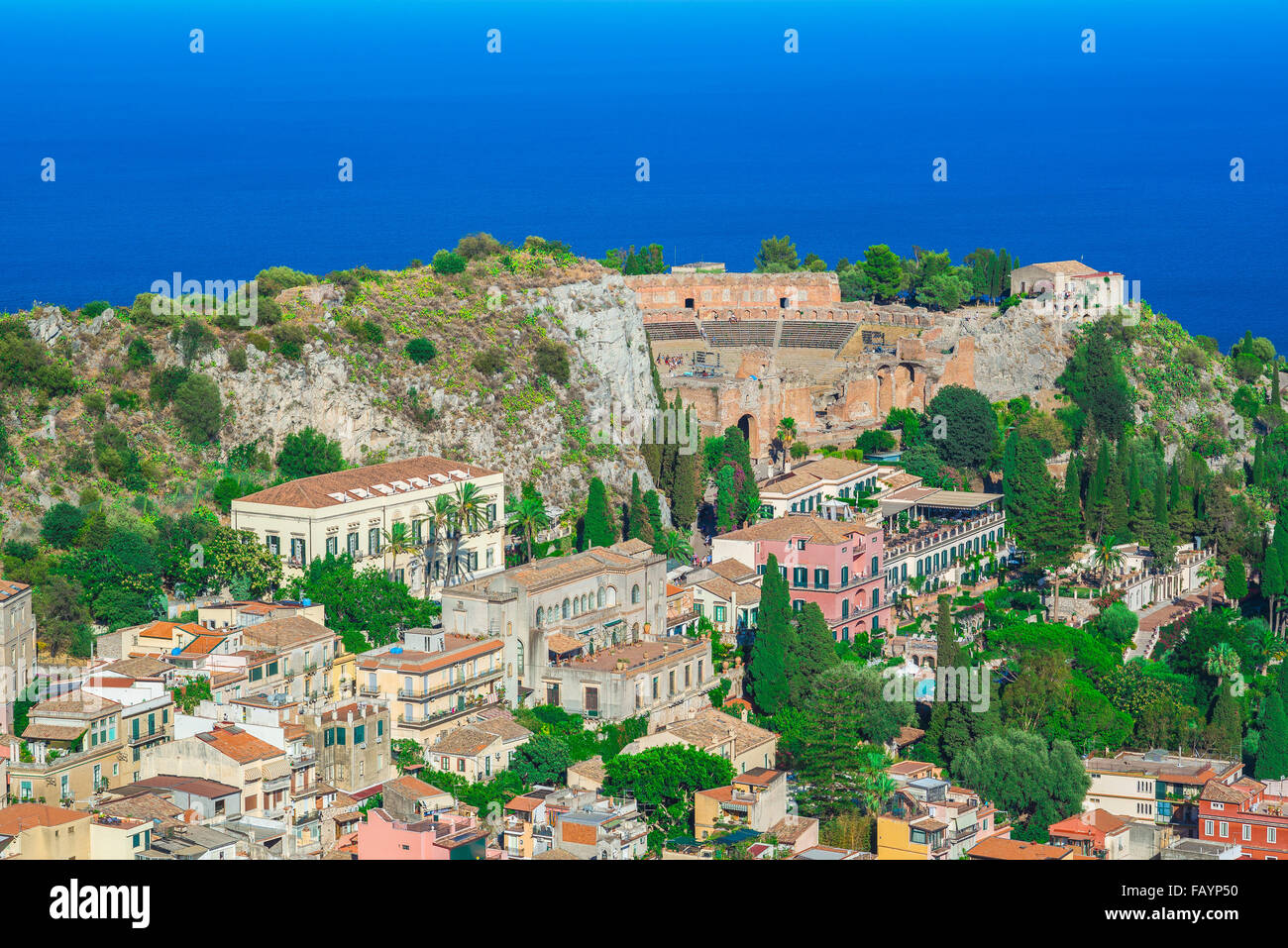 Taormina cityscape, aerial view of Taormina in summer, showing the ...