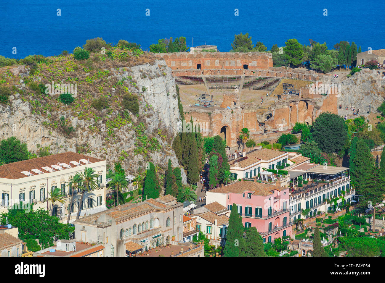 Taormina sicily, aerial view in summer of the historic centre of ...
