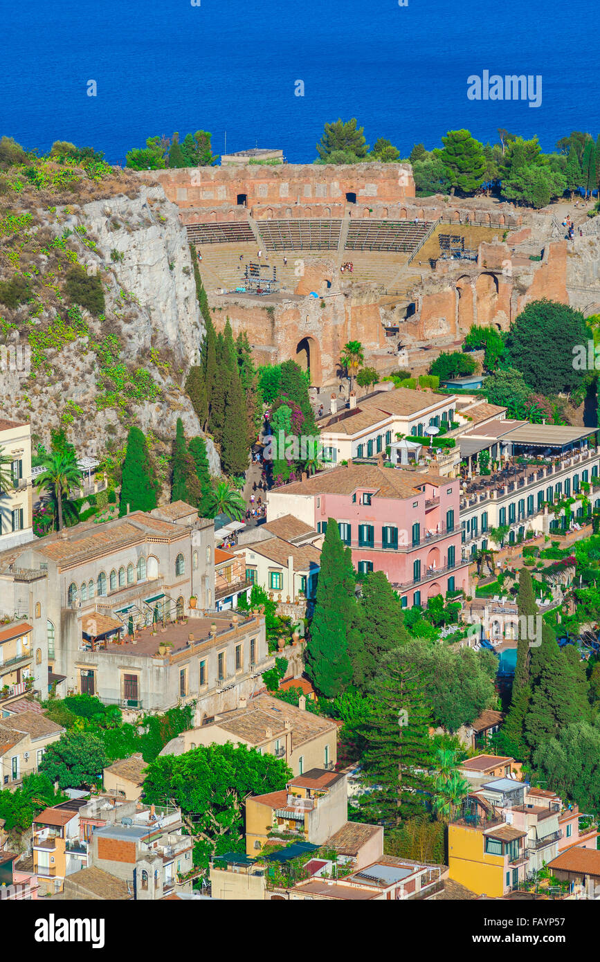 Taormina town Sicily, aerial view of Taormina with the ancient Greek ...