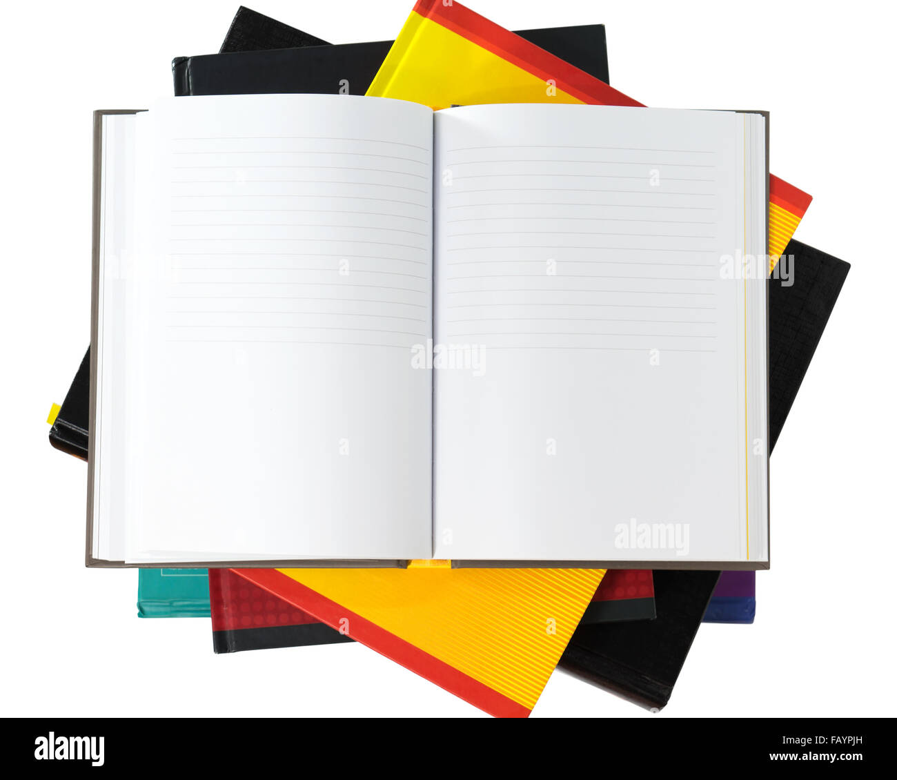 Notebook open on stack of books isolated on white background Stock ...