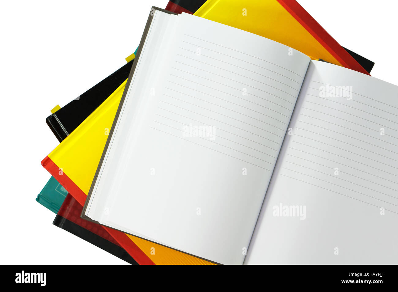 Notebook open on stack of books isolated on white background Stock ...