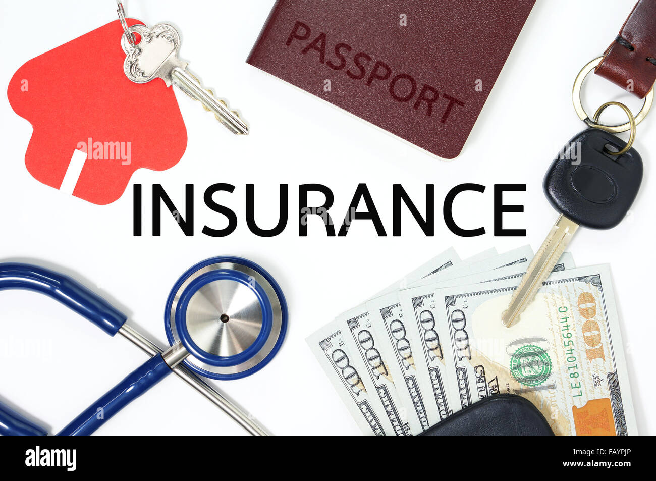 Insurance concept with money and many types of insurance Stock Photo ...