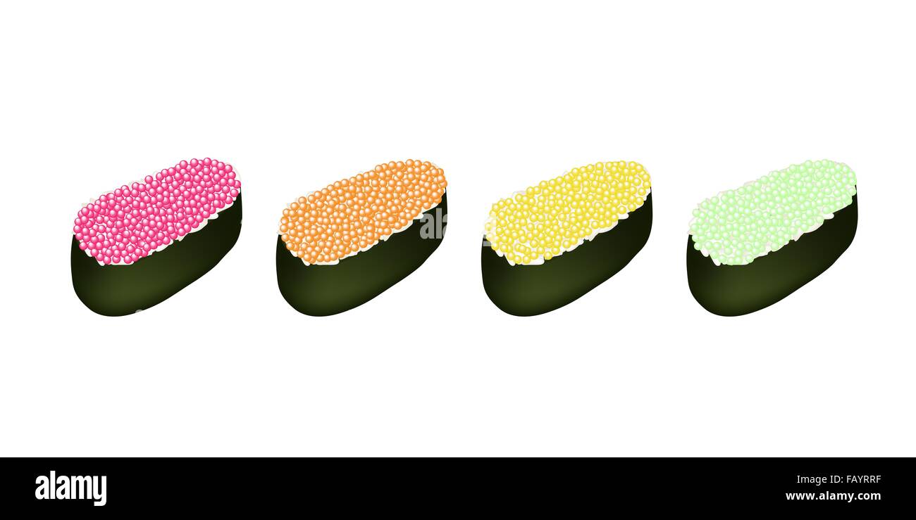 Japanese Cuisine, Illustration of Delicious Pink, Orange, Yellow and ...