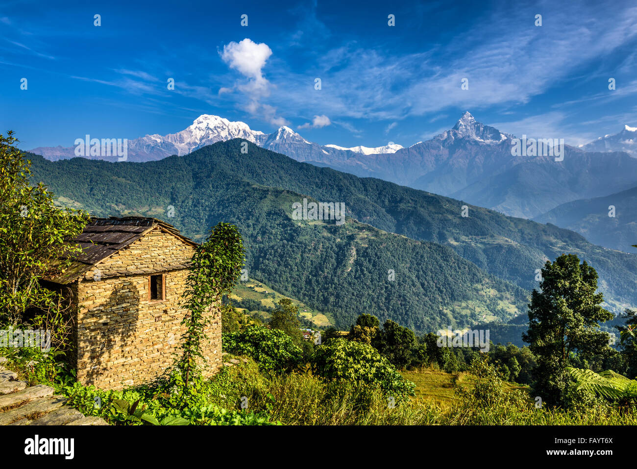 Himalaya mountains and old stone cabin near Pokhara in Nepal Stock ...