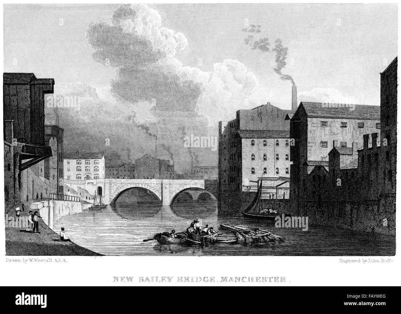 An engraving of New Bailey Bridge, Manchester scanned at high ...