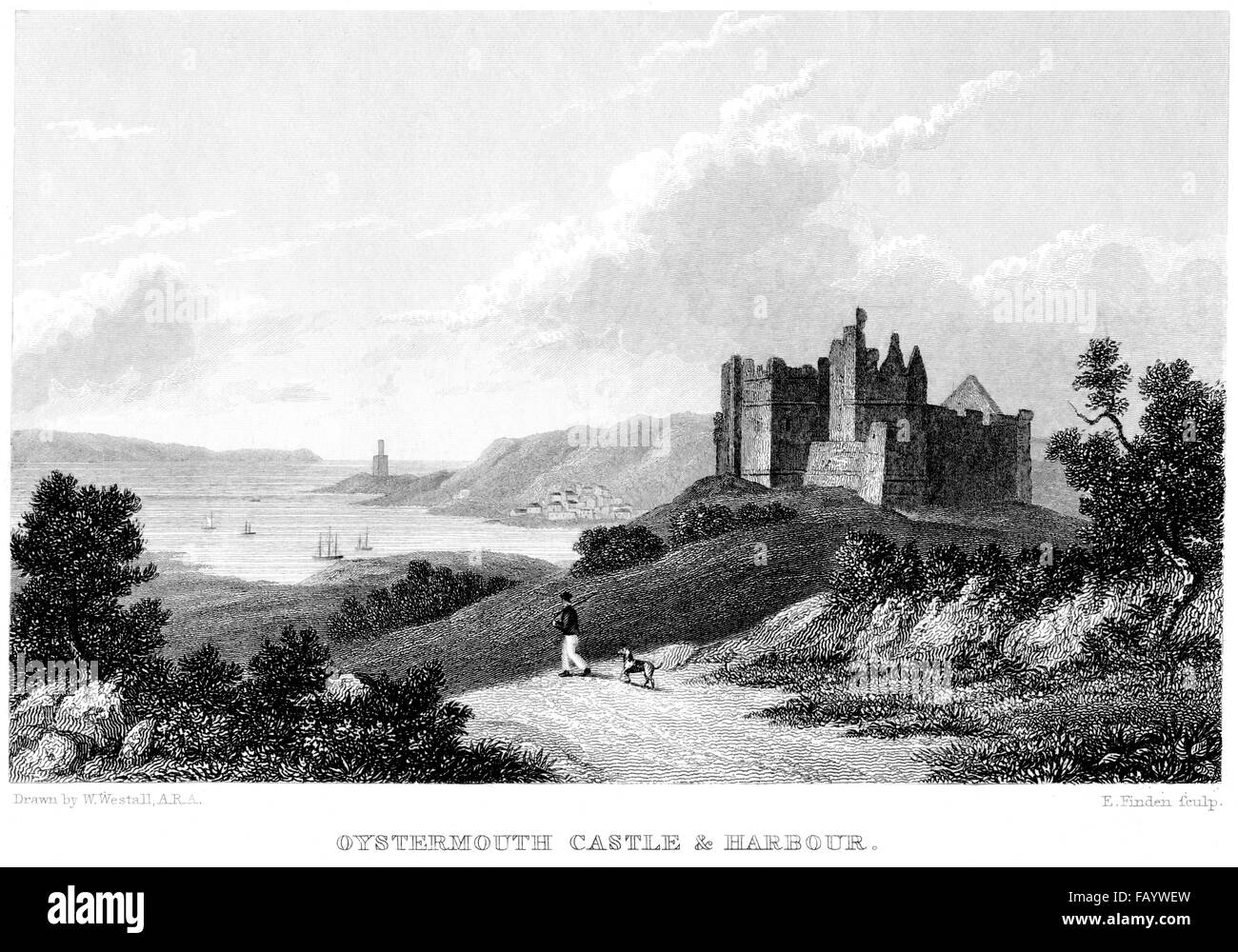 An engraving of Oystermouth Castle & Harbour scanned at high resolution ...