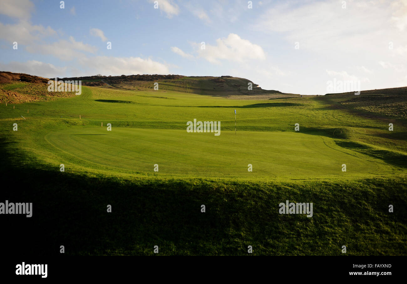 The Eighteenth green at Seaford Head Golf Course on the South Downs in ...