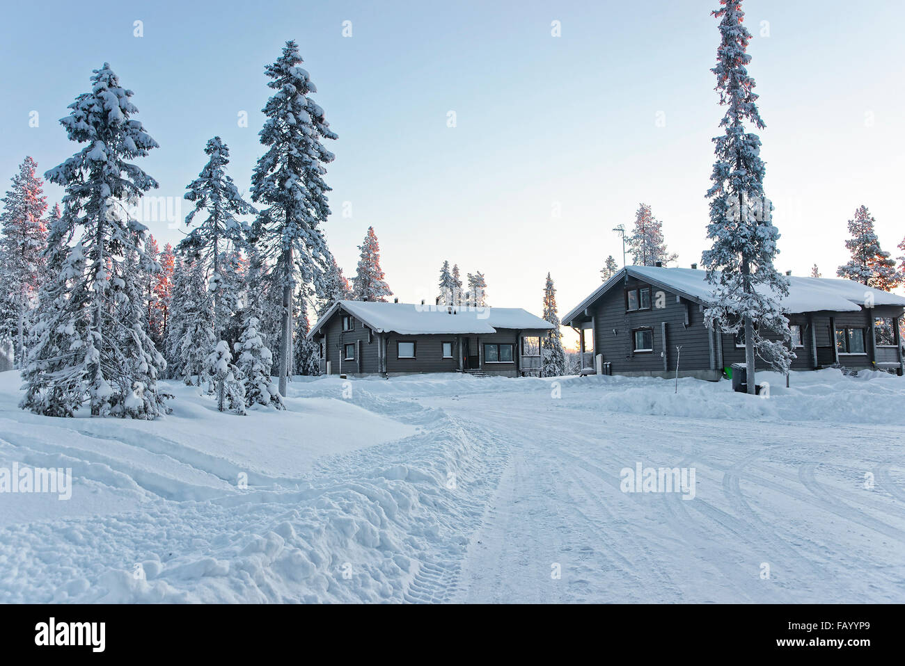 Cottages in a snow covered forest at sunset in Ruka village in Finland ...