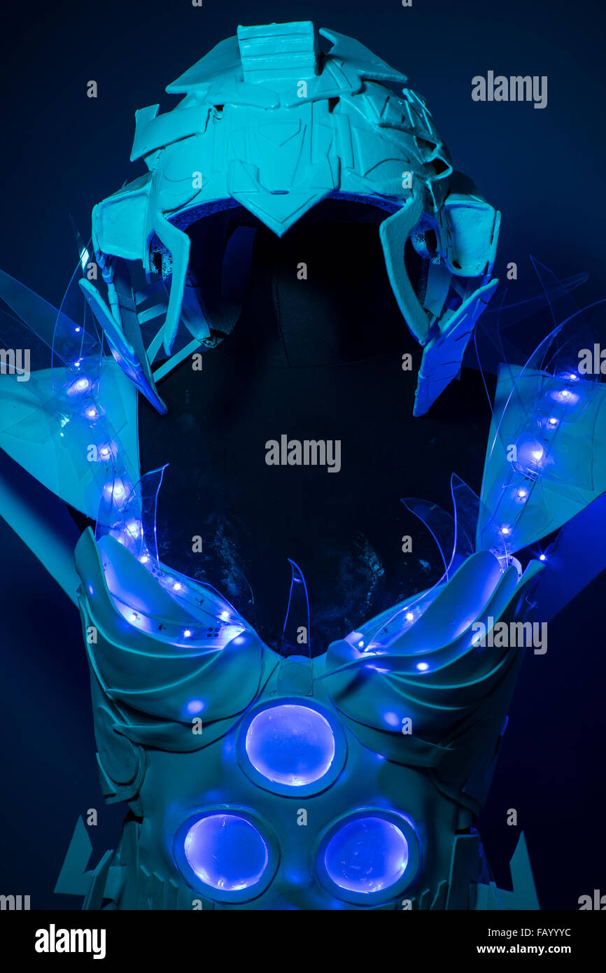 futuristic, bionic armor with blue LED lights and plastic materials ...