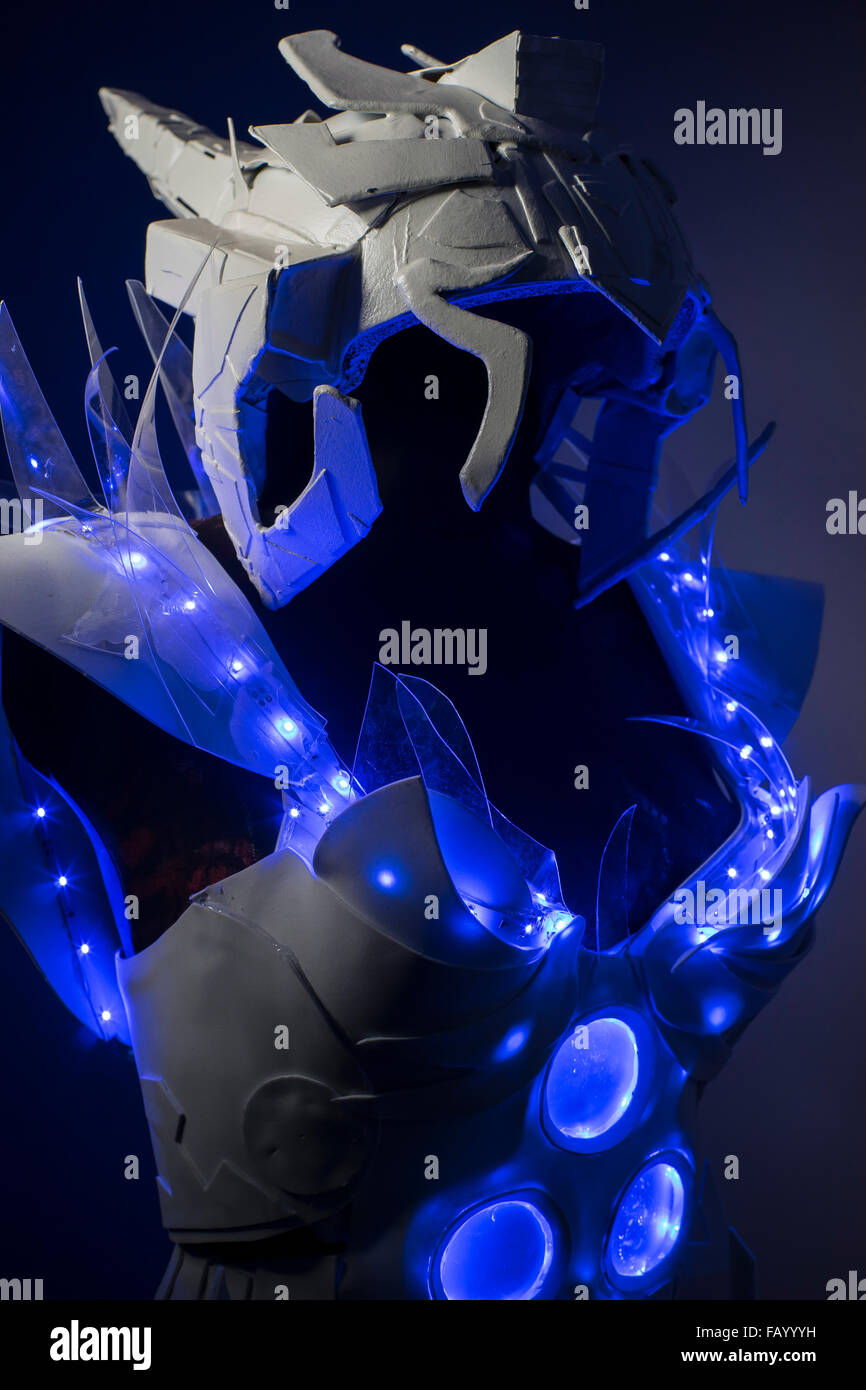 bionic armor with blue LED lights and plastic materials Stock Photo - Alamy
