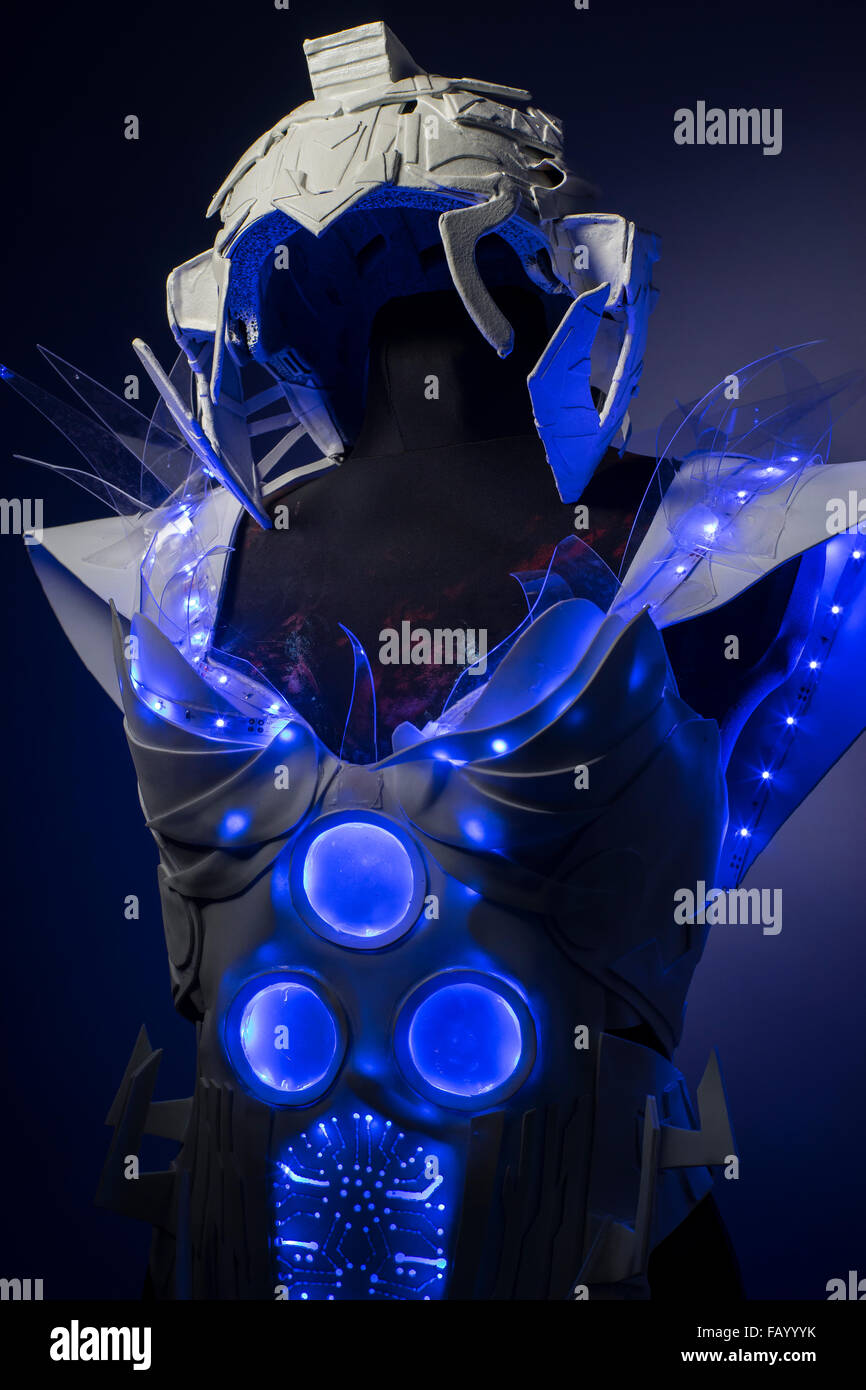 cyborg, bionic armor with blue LED lights and plastic materials Stock ...