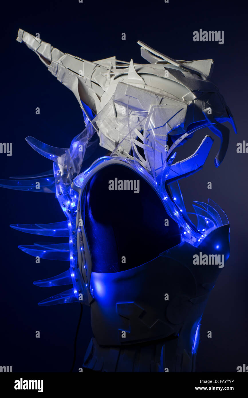 futuristic, bionic armor with blue LED lights and plastic materials ...