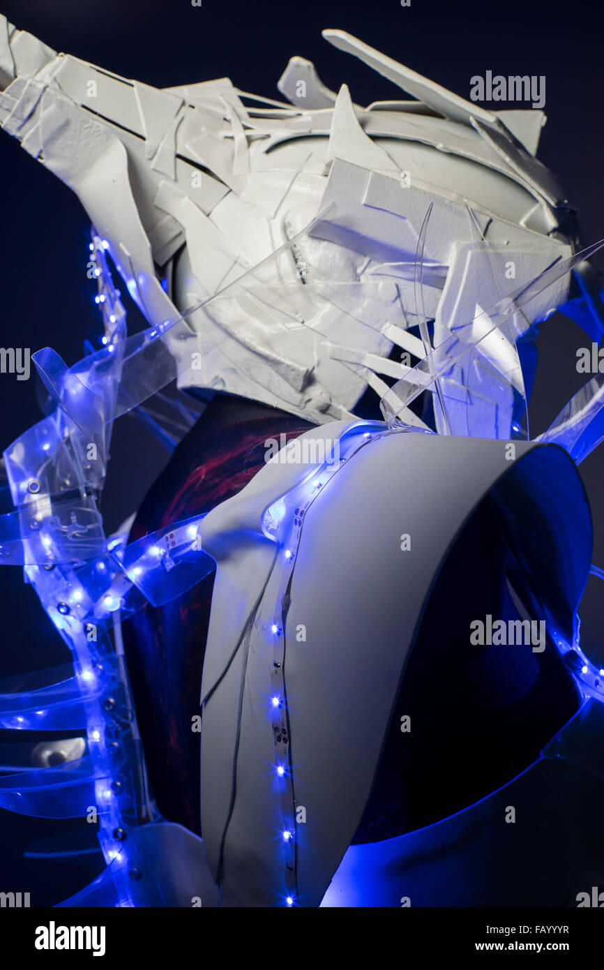bionic armor with blue LED lights and plastic materials Stock Photo - Alamy