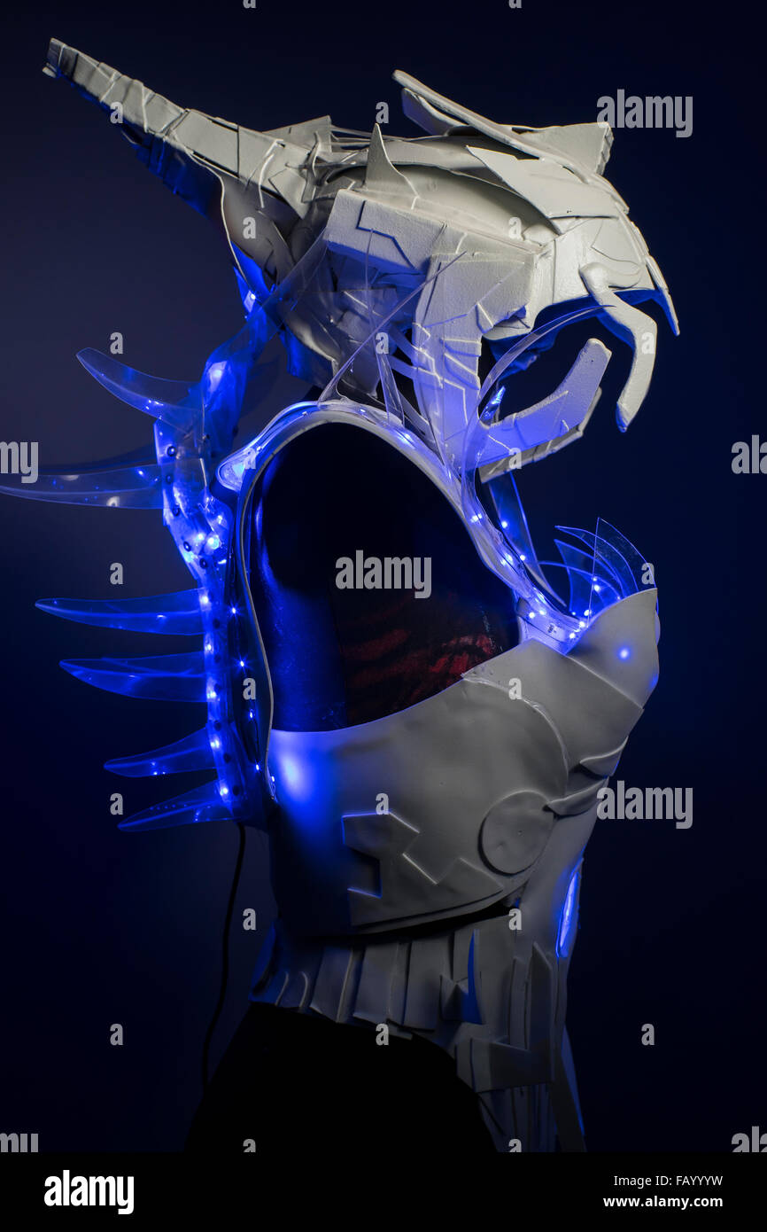 cyborg, bionic armor with blue LED lights and plastic materials Stock ...